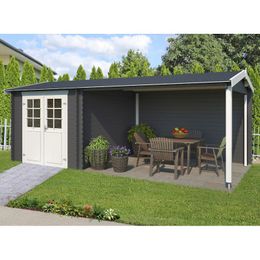 Lasita Maja Gartenhaus &raquo;Ivana&laquo; Blockbohlenhaus 28mm mit Anbau grau Massivholz ohne Fu&szlig;boden, R&uuml;ckwand, ohne Dacheindeckung