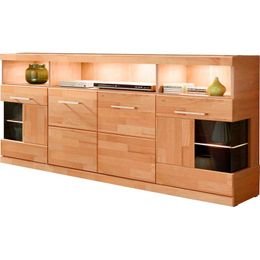 OTTO home Sideboard &raquo;RIBE20 Fronten massiv,Korpus Melamin, 2 T&uuml;ren mit Glaseinsatz&laquo; B/T/H: 180/35/80cm, 3 offene F&auml;cher und 6 geschlossene, Kernbuche 