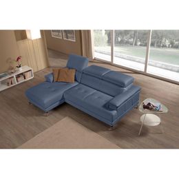 Egoitaliano Ecksofa &raquo;Soul, Design und Sitzkomfort auf hohem Niveau, tolle Details, L-Form&laquo; mit Recamiere, inkl. Kopfteilverstellung blau Leder &raquo;BULL&laquo; (echtes 
