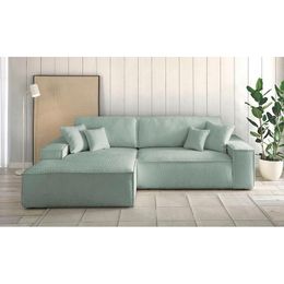 OTTO home Ecksofa &raquo;FINNLEY Boucl&eacute;, L-Form 257 cm, Schlafsofa&laquo; mit Bettkasten, in Boucl&eacute;, Struktur fein und Mega Cord gr&uuml;n Bezugstoff aus 90% 