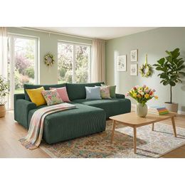 Trendmanufaktur Ecksofa &raquo;Prag, Schlafsofa mit Bettkasten, Couch in L-Form, Breite 253 cm&laquo; in Cordstoff HYPER, dunkelgr&uuml;n, Recamiere links gr&uuml;n 92%