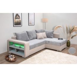 Collection AB Ecksofa &raquo;John L-Form, B: 226 cm&laquo; Schlaffunktion, Bettkasten, Regalelement, Licht & 2 Zierkissen grau 100%Polyester B/H/T: 226cm x 40cm x