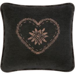 Biederlack Dekokissen &raquo;Alp Charm&laquo; Herzmotiv mit Enzianbl&uuml;te grau Baumwolle, Polyester B/L: 50cm x 50cm, 1 Stk.