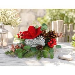 OTTO home Kunstblume &raquo;Tannen-Aufleger mit Amaryllis und Gedenkstein&laquo; Florales Arrangement mit roter Amaryllis, Beeren und Zapfen B/H/L: 20cm x 18cm x 