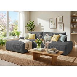 Trendmanufaktur Ecksofa &raquo;Prag, Schlafsofa mit Bettkasten, Couch in L-Form, Breite 253 cm&laquo; in Cordstoff HYPER, dunkelgrau, Recamiere links grau 92%