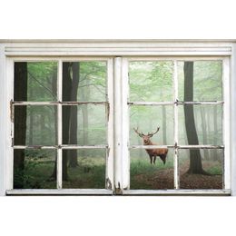 queence Leinwandbild &raquo;Wald&laquo; B&auml;ume Fensterblick Hirsch Hirschbilder Landschaft Natur Tiere Wald Waldbilder 1 Stk. tlg. Premium-Leinwandstoff beige 