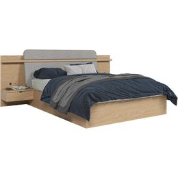 Stauraumbett &raquo;IZADI&laquo; Bett mit Stoff-Kopfteil und 2 Nachttischen braun Liegefl&auml;che L&auml;nge B: 200cm x 160cm, Eiche Rookwood Nachbildung LED-Leuchtmittel,