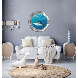 queence Wandsticker &raquo;3D Bullauge Illusion Unterwasserwelt Haifisch 40x40 cm&laquo; Selbstklebender Wanddurchbruch Unterwasser blau Vinyl &Oslash; 40cm