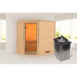 Karibu Sauna &raquo;"Juli" mit bronzierter T&uuml;r SET, naturbelassen mit Ofen 9 kW&laquo; aus hochwertiger nordischer Fichte braun Saunaofen, integrierte Steuerung, 400 kW