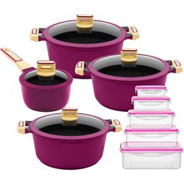 King Topf-Set &raquo;GOURMET&laquo;&laquo; Set, Kochtopf 18/20/24 cm, Stieltopf 16 cm, Vorratsdosen-Set, 18 Stk. tlg. Aluminiumguss lila Einheitsgr&ouml;&szlig;e