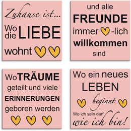 Artland Leinwandbild &raquo;Wo die Liebe wohnt&laquo; Spr&uuml;che & Texte 4 Stk. tlg. 4er Set, verschiedene Gr&ouml;&szlig;en pink Leinwand, MDF B/H/T: 40cm x 40cm, Leinwandbild Spr&uuml;che