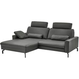 Die PlanBar Ecksofa &raquo;PN-EM20028 L-Form mit Kopfst&uuml;tzen&laquo; wahlweise mit motorischem Canape grau B/H/T: 248cm x 114cm x 179cm, Glattleder TORRO, Ottomane