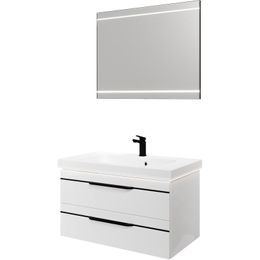 Badm&ouml;bel-Set &raquo;Balto 2-teilig Mineralmarmor-Waschtisch mit LED-Spiegel, Waschplatz&laquo; 2 Stk. tlg. wei&szlig; Holzwerkstoff B/H/T: 92cmcm x 200cmcm x 50,8cmcm,