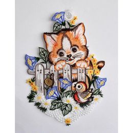 Stickereien Plauen Fensterbild &raquo;Katze am Zaun&laquo; bunt Polyester B/L: 20cm x 29cm