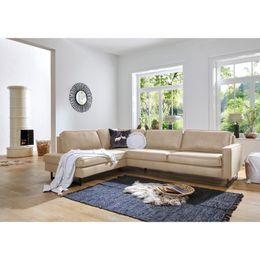 OTTO home Ecksofa &raquo;Pinto, 290 cm, Cord, Chenille, Lederoptik, Ottomane links / rechts&laquo; mit Keder, schwarze Metallf&uuml;&szlig;e, Wellenunterfederung beige Luxus