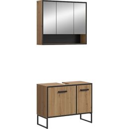 Welltime Badezimmer-Set &raquo;LOCRI, 2-tlg. Badkombination, Breite 80 cm, Rillenoptik, Metallkufen&laquo; bestehend aus: Waschbeckeunterschrank & Spiegelschrank,
