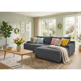 Trendmanufaktur Ecksofa &raquo;Prag, Schlafsofa mit Bettkasten, Couch in L-Form, Breite 253 cm&laquo; in Cordstoff HYPER, dunkelgrau, Recamiere rechts grau 92%