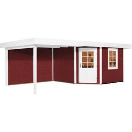 Weka Gartenhaus &raquo;Designhaus 213 Plus&laquo; mit Anbaudach und R&uuml;ckwand rot Massivholz Fu&szlig;boden im Gartenhaus, R&uuml;ckwand, ohne Dacheindeckung