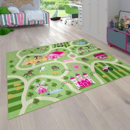 Paco Home Kinderteppich &raquo;Bino 560&laquo; rechteckig 4 mm H&ouml;he Kurzflor, Stra&szlig;en-Spiel-Teppich, Motiv Bauernhof, Kinderzimmer gr&uuml;n Polyester B : 80cm 1 Stk., 4mm, L: 