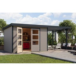 Karibu Gartenhaus &raquo;Jupiterino 5 SET, in verschiedenen Farben&laquo; inkl. Anbaudach Massivholz ohne Fu&szlig;boden, Blechdach