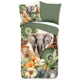 HIP Wendebettw&auml;sche &raquo;Sagadar&laquo; 2 Stk. Satin, Baumwolle, Rei&szlig;verschluss, Wende, L&ouml;we, Elefant, Giraffe, gr&uuml;n gr&uuml;n Mako-Satin, Obermaterial: 100% 