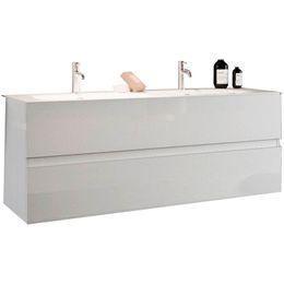 Welltime Doppelwaschtisch &raquo;Start, Breite 120 cm, 2 bzw. 3 Schubk&auml;sten&laquo; Badm&ouml;bel, Soft-Close, Keramik-Einsatzbecken, Wei&szlig; Hochglanz Lack wei&szlig; Rechteck,