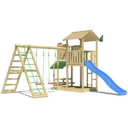 Jungle Gym Spielturm &raquo;Veranda&laquo; Spielanlage mit Schaukel, Kletterbock und Rutsche mit Wasseranschluss blau Holzwerkstoff Einheitsgr&ouml;&szlig;e