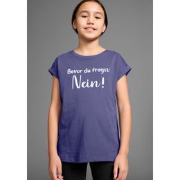 Kidsworld M&auml;dchen Kidsworld T-Shirt &raquo;Bevor Du fragst: NEIN!&laquo; Kurzarm, mit Print, Rundhalsausschnitt blau 152/158
