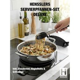 HENSSLERS Servierpfanne &raquo;Premium, Pfanne Glasdeckel, inkl. Abgie&szlig;hilfe & Grillzange - 4tlg.&laquo; Edelstahl 18/10 Set, 4 tlg. silber &Oslash; 32cm