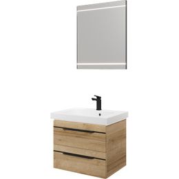 Badm&ouml;bel-Set &raquo;Balto 2-teilig Mineralmarmor-Waschtisch mit LED-Spiegel, Waschplatz&laquo; 2 Stk. tlg. braun Holzwerkstoff B/H/T: 64,4cmcm x 200cmcm x 46cmcm,