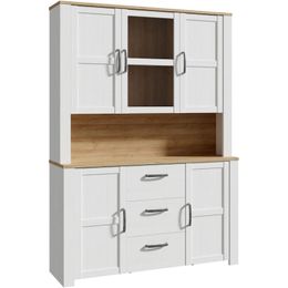 FORTE Buffet &raquo;Bohol, gro&szlig;es Highboard,4T&uuml;ren, 1 Glast&uuml;re, 3 Schubk&auml;sten&laquo; B/H/T 146,1/205,4/42 cm, sehr viel Stauraum wei&szlig; Glas Riviera Eiche / Sibiu 