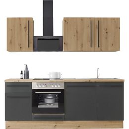 KOCHSTATION K&uuml;chenzeile &raquo;Florida mit 38mm starker Arbeitsplatte&laquo; Breite 220 cm, wahlweise mit E-Ger&auml;ten, Soft-Close-Funktion schwarz B/H/T: 220cm x 