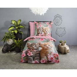 Good Morning Kinderbettw&auml;sche &raquo;Mischa&laquo; 2 Baumwolle, Renforc&eacute;, Wendeoptik, Kind, M&auml;dchen, Katze, Blume rosa Renforc&eacute;, Obermaterial: 100% Baumwolle B/L: