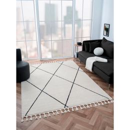MyFlair Hochflor-Teppich &raquo;Moroccan Pattern&laquo; rechteckig 24 mm H&ouml;he modern, marokkanisches Design, Rauten Muster, weich, mit Fransen schwarz-wei&szlig; Polyester, 