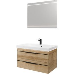 Badm&ouml;bel-Set &raquo;Balto 2-teilig Mineralmarmor-Waschtisch mit LED-Spiegel, Waschplatz&laquo; 2 Stk. tlg. braun Holzwerkstoff B/H/T: 92cmcm x 200cmcm x 50,8cmcm,