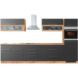 KOCHSTATION K&uuml;chenzeile &raquo;KS-Wien&laquo; Breite 340 cm, wahlweise mit E-Ger&auml;ten und Induktion schwarz B/H/T: 340cm x 60cm,mit Cerankochfeld (Schott)