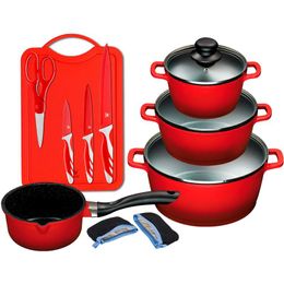 King Topf-Set &raquo;ALUGUSS&laquo; Set, je 1 Kochtopf 16/20/24 cm, 1 Stieltopf 16 cm, Schneidebrett mit Messer, 14 Stk. tlg. Aluminiumguss rot Einheitsgr&ouml;&szlig;e