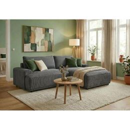 Trendmanufaktur Ecksofa &raquo;Fordon, Schlafsofa mit Bettkasten, Couch in L-Form, Breite 250 cm&laquo; in Cordstoff HYPER, dunkelgrau, Recamiere rechts grau 92% 