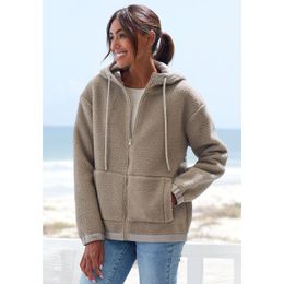 ELBSAND Damen Fleecejacke mit Kapuze &Uuml;bergangsjacke aus Teddy-Fleece mit verstellbarer Kapuze grau 40