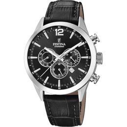 Festina Herren Chronograph &raquo;Timeless Chronograph&laquo; Armbanduhr, Quarzuhr, Herrenuhr, Stoppfunktion, Lederarmband schwarz Einheitsgr&ouml;&szlig;e