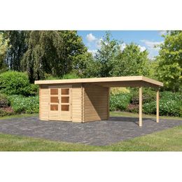 Karibu Gartenhaus &raquo;Schlo&szlig;see 5&laquo; terragrau oder natur, mit Anbaudach beige Holzwerkstoff ohne Fu&szlig;boden, ohne Dacheindeckung