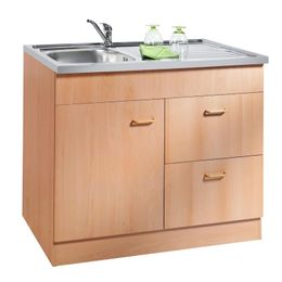 KOCHSTATION Sp&uuml;lenschrank &raquo;KS-Elster&laquo; Breite 100 cm braun Holzwerkstoff buchefarben, B/H/T: 100cm x 85cm x 50cm, Schubladen: 2 Stk. T&uuml;ren: 1 Stk.