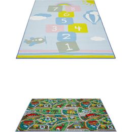 ANDIAMO Kinderteppich &raquo;Duo&laquo; rechteckig 10 mm H&ouml;he Spielteppich, Stra&szlig;enteppich, beidseitig verwendbar, H&uuml;pfk&auml;stchen bunt Kunstfaser B : 133cm 1 Stk., 10mm, L: