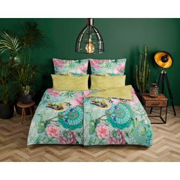 HIP Wendebettw&auml;sche &raquo;XABINE&laquo; 2 Stk. Mako-Satin, 135x200, Rei&szlig;verschluss, Wende, Mandala,Vogel Blumen, Gr&uuml;n bunt Satin, Obermaterial: 100% Baumwolle B/