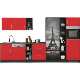KOCHSTATION K&uuml;chenzeile &raquo;KS-Paris &ndash; K&uuml;chen mit einzigartigen Fotomotiven auf den Fronten&laquo; Breite 350 cm, wahlweise mit E-Ger&auml;ten und Induktion rot B/H