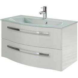 Waschtisch &raquo;Serie 4005 Glas-Waschtisch mit Unterschrank, 92 cm breit&laquo; Waschplatz mit 2 Schubladen, Badm&ouml;bel-Set mit Waschtisch wei&szlig; B/H/T: 92cm x 