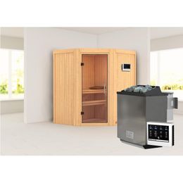 Karibu Sauna &raquo;&raquo;Liyah&laquo; mit Klarglast&uuml;r naturbelassen&laquo; in verschiedenen Ausf&uuml;hrungen erh&auml;ltlich beige Bio-Kombiofen, externe Steuerung, (ohne Ofen)