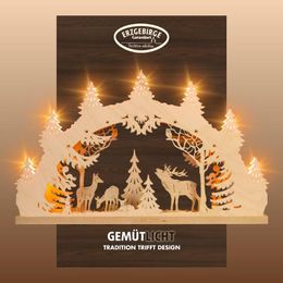 Weigla Schwibbogen &raquo;Hirschfamilie, Lichterbogen aus Holz, NATUR, Made in Germany&laquo; 1 Stk. Erzgebirge garantiert, Weihnachtsdeko Innen, Weihnachtsbeleuchtung 
