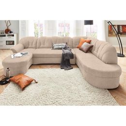 DOMO collection Wohnlandschaft &raquo;ELVA 293x180x84 cm, elegante R&uuml;ckensteppung, U-Form&laquo; whlw. mit Bettfunktion und Federkern beige (gepr&auml;gte) Luxus-