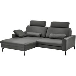 Die PlanBar Ecksofa &raquo;PN-EM20028 L-Form mit Kopfst&uuml;tzen&laquo; wahlweise mit motorischem Canape grau B/H/T: 248cm x 114cm x 179cm, Glattleder TORRO, Ottomane